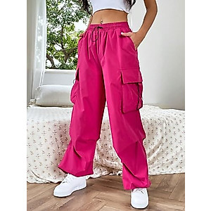 SweatyRocks Women's Drawstring Elastic Waist Loose Pants Casual Flap Pocket Cargo Pants Trousers Hot Pink M