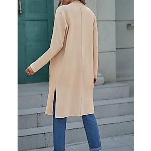 MEROKEETY Women's Open Front Coatigan Sweater Long Sleeve Casual Knit Lapel Cardigan Coat with Pockets, Apricot, Small