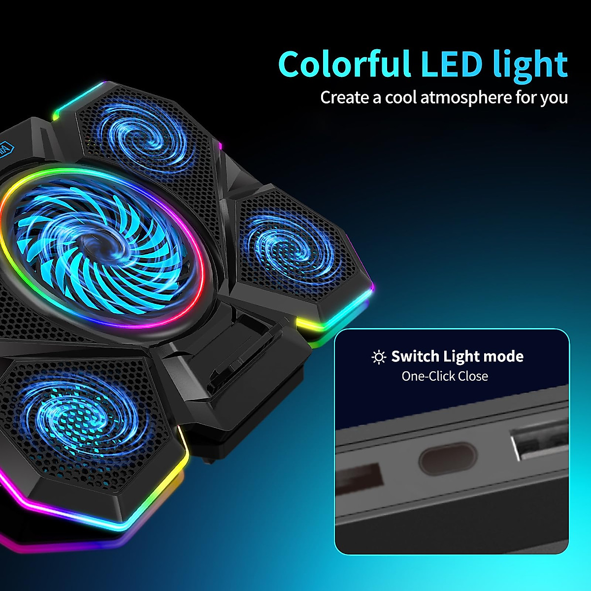 Laptop Cooling Pad, Gaming Laptop Cooler with 5 Quiet Fans and LED Lights (One-Click Close), Laptop Fan Cooling Pad Fits 12-17 Inch Laptop, 7 Adjustable Height