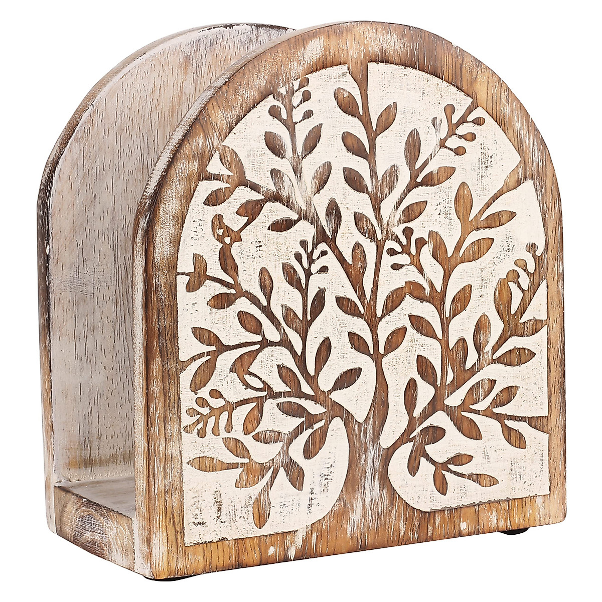 Wooden White Wash Tree of Life Tissue Paper Holder with Full Size Decorative Napkin Stand Tissue Paper Organizer for Home & Kitchen Dining Table Stand