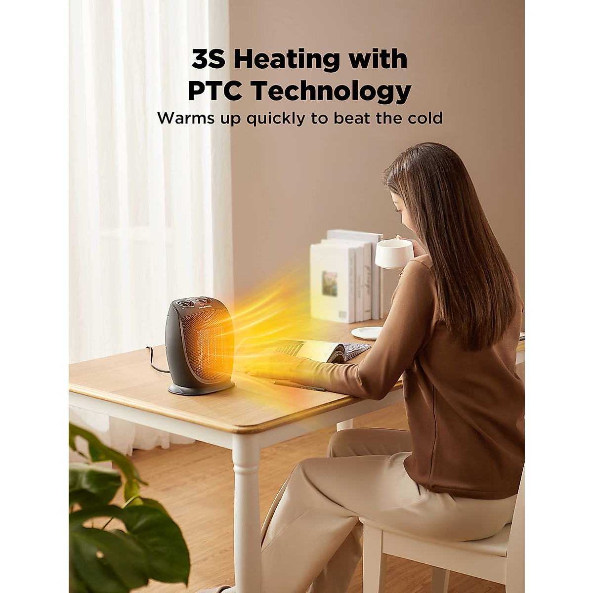 PELONIS PHTA1ABB Portable, 1500W/900W, Quiet Cooling & Heating Mode Space Heater for All Season, Tip Over & Overheat Protection,for Home, Office Personal Use, Black , 9inch