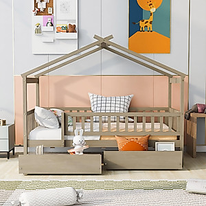 House Bed with Fence Storage, Twin Size Montessori Style Beds with Railings and 2 Drawers, Wooden Playhouse Bed Frame for Kids Girls Boys, Natural