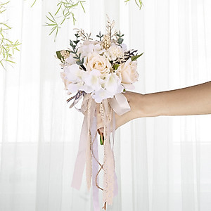 CEWOR Wedding Bouquets for Bride Bridesmaid, White Champagne Artificial Roses Flowers Wedding Decoration (7.5in)