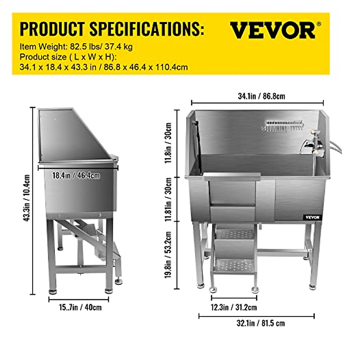 VEVOR 34" Pet Grooming Tub Stainless Steel Dog Wash Station Pet Washing Station and Dog Bath Tub Water-Resistant Grooming Tub for Dogs with Removable Door & Ladder on The Left