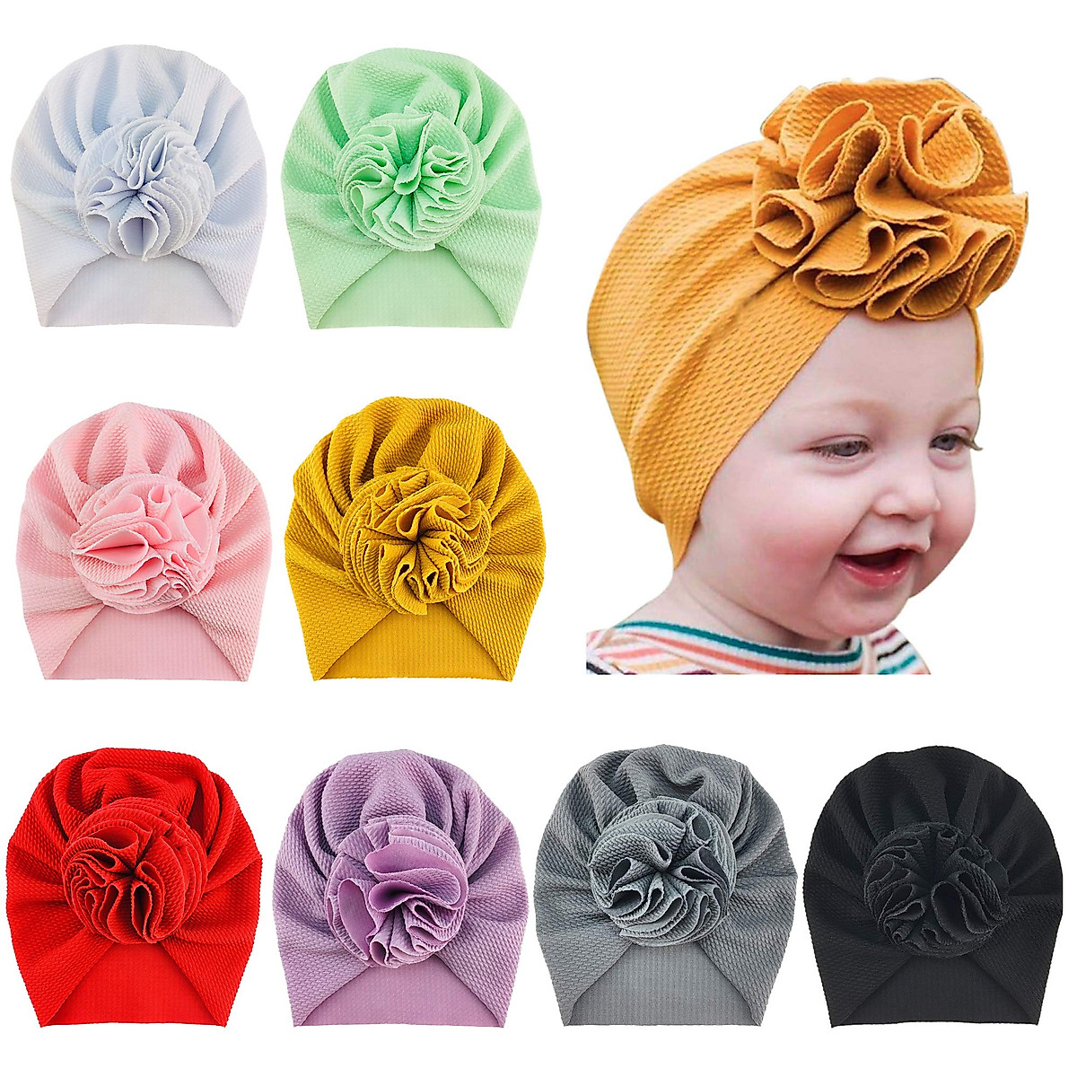 inSowni 8 Pack Solid Nursery Hospital Turban Hat Cap Beanie Bonnet with Big Flower for Baby Girls Toddlers Newborns Infants