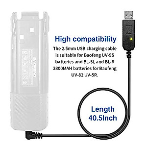 Baofeng 2.5mm USB Charger Cable with Indicator Light for BaoFeng UV-5R UV-82 BF-F8HP UV-82HP UV-5X3 UV-5RE 3800mAh Battery UV-S9/9S Two Way Radio（2 Pack）