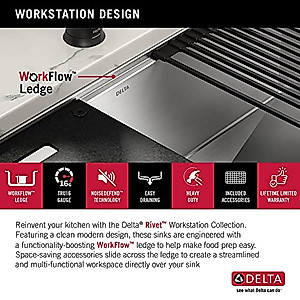 DELTA Rivet 32-Inch Workstation Kitchen Sink Undermount 16 Gauge Stainless Steel Single Bowl with WorkFlow Ledge and Chef’s Kit of 6 Accessories, 95B931-32S-SS
