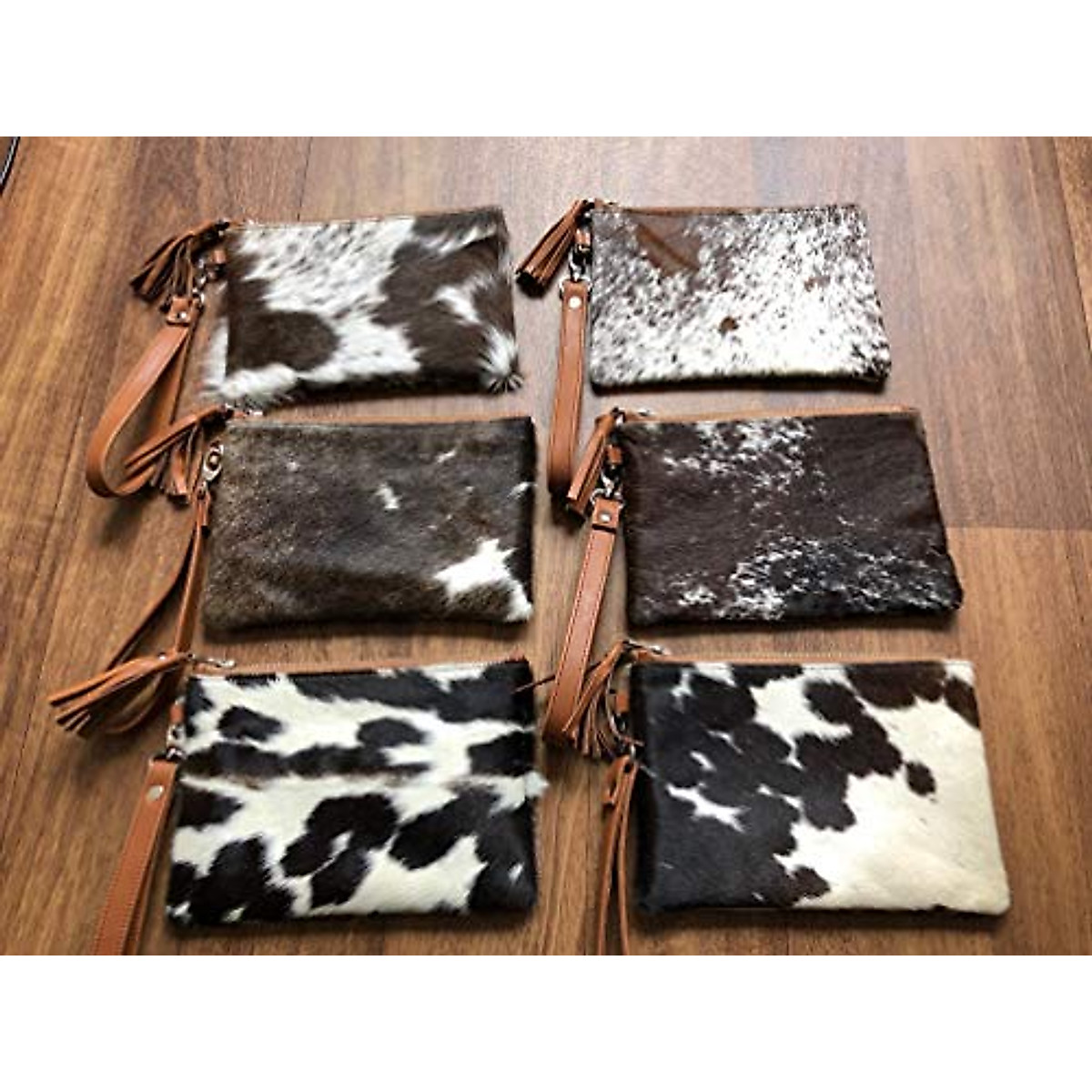 Real Cowhide Handbag Wristlet Clutch Purse Wallet Black Brown Leather Lined Double Sided 8.5"x5.5"