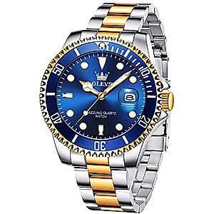 OLEVS Mens Watch Stainless Steel Big Face Blue Casual Dress Wrist Watch Quartz Analog Day Date Waterproof Luminous