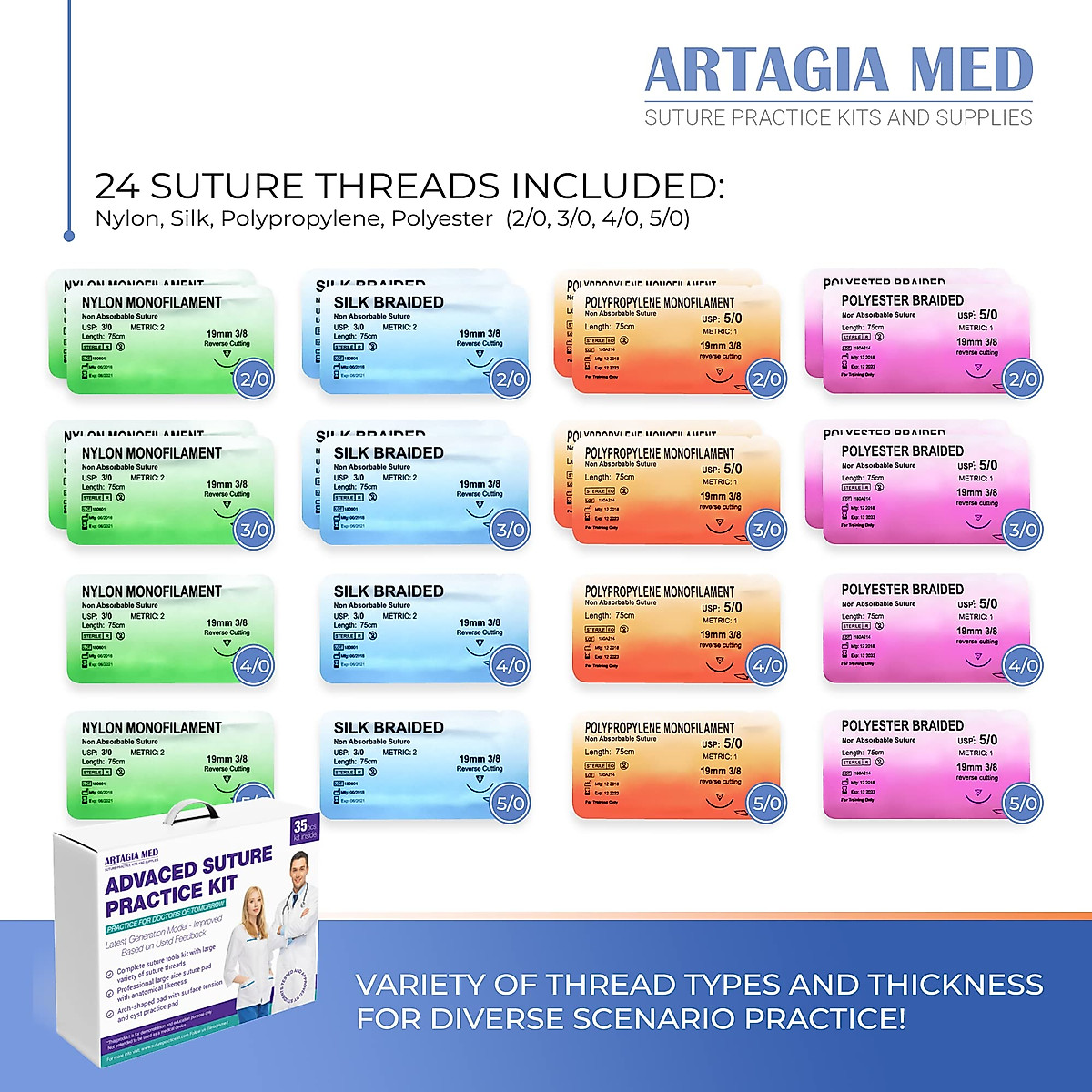 Advanced Practice Kit for Medical Students (35 Pcs) – Latest Generation of Most Complete Model, Including: Tool Kit with Variety of Suture Threads, 3 Top Quality Suture Pads (Education Only)