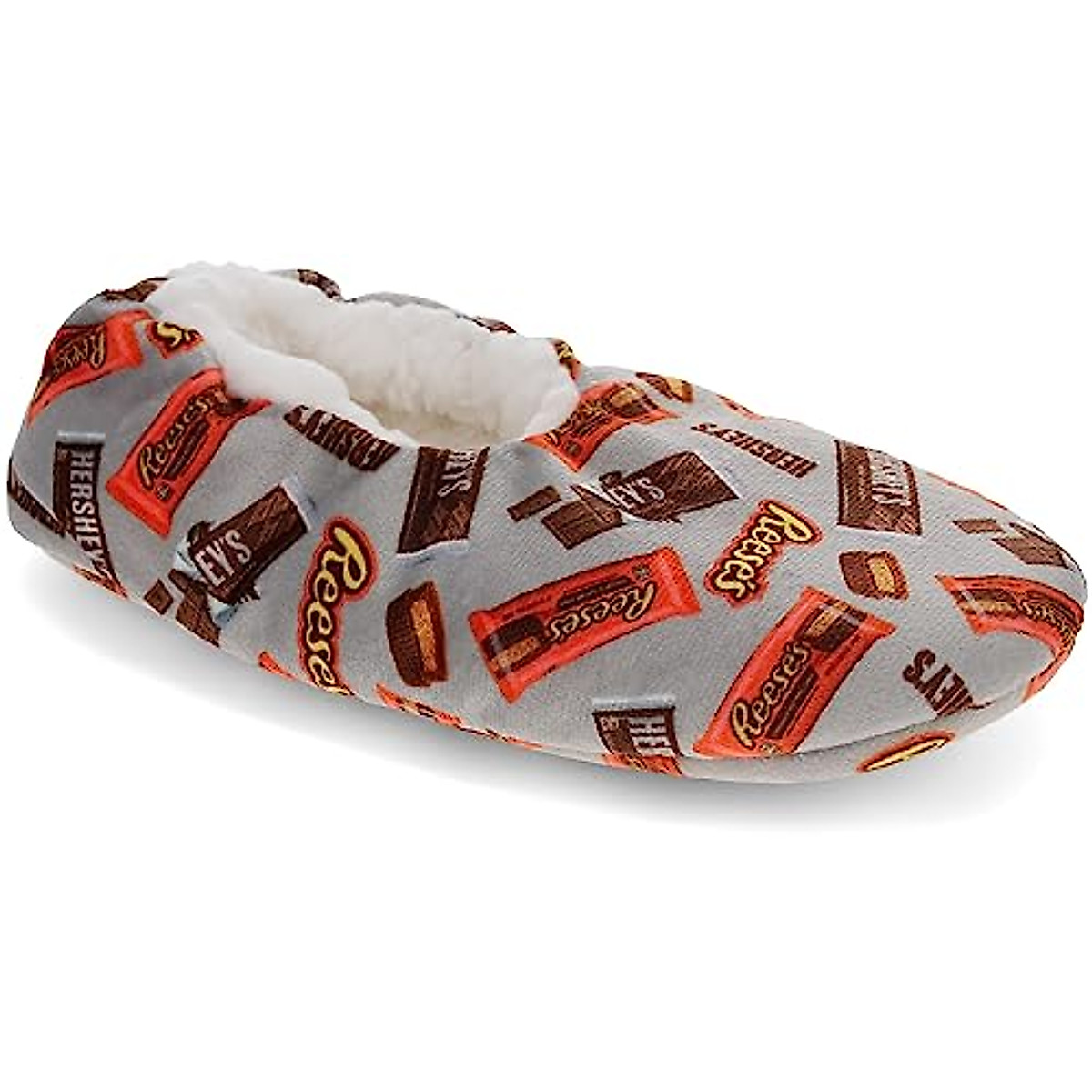 HERSHEY'S Sock Slippers For Kids, Reese's Peanut Butter Cup Candy Bar Print, Grey, Size Large (1-4 Big Kid)