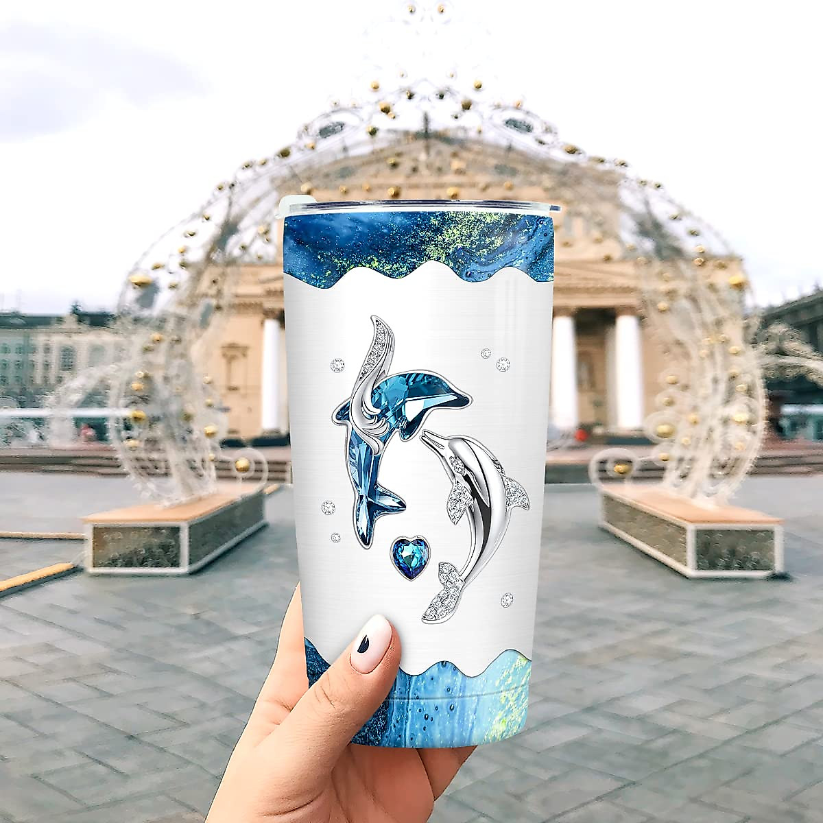 Wassmin Dolphin Tumbler Dolphin Gift For Women Girls Teen Dolphins Jewelry Drawings Stainless Steel Insulated Tumblers Coffee Travel Mug Cup 20oz With Lid Birthday Christmas Presents