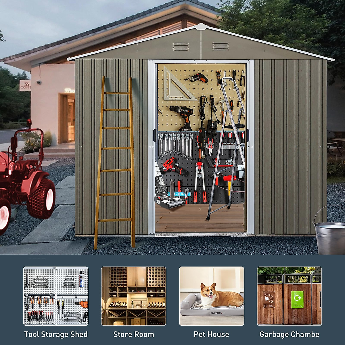 7.74' x 5.71'Outdoor Storage Shed, Steel Tool Shed with Window Floor Frame, Garden Shed Metal Outdoor Storage Clearance for Backyard Patio Lawn (Grey-with Window)