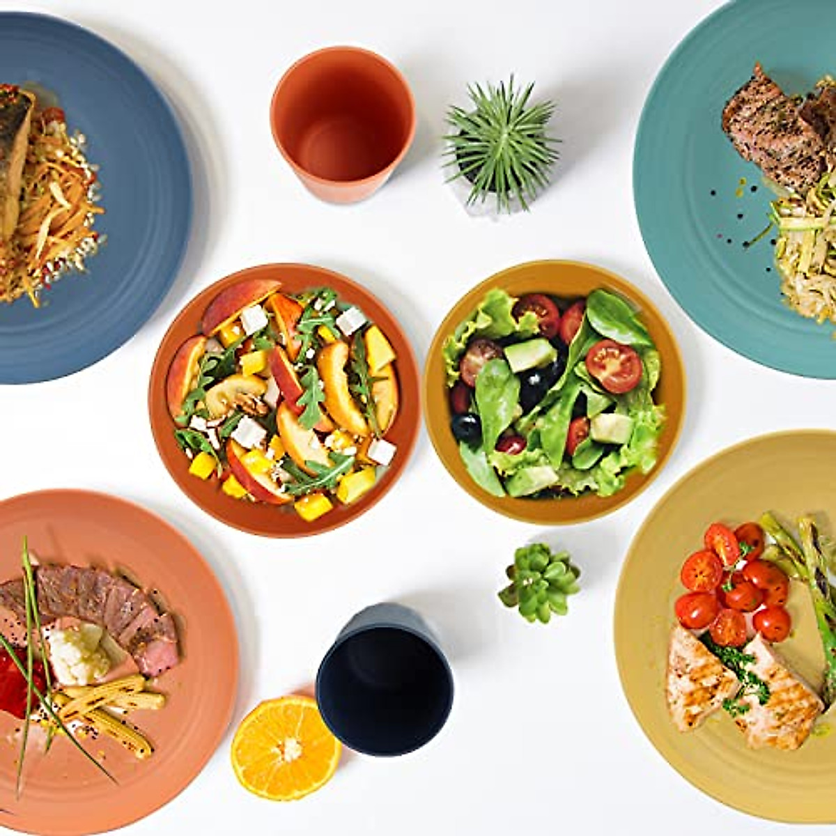 Wheat Straw Dinnerware Sets (28Pcs) POTENTCERA Microwave Dishwasher Safe Unbreakable Dinnerware, Kids Toddler Camping Plates Cups and Bowls Set Picnic Dishes Dorm Dishware Reusable Lightweight