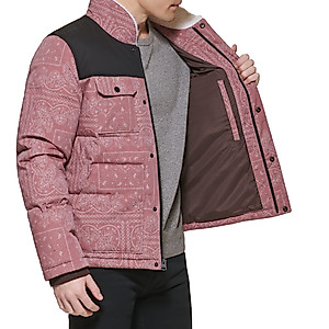 Levi's Men's Mixed Media Quilted Puffer Jacket with Sherpa Lined Collar (Regular and Big & Tall Sizes), Red Bandana Print, Small