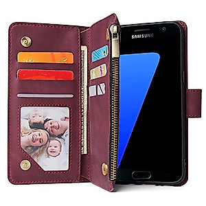CHICASE Wallet Case for Galaxy S7 Edge,Samsung Galaxy S7 Edge Case,Leather Handbag Zipper Pocket Card Holder Slots Wrist Strap Flip Protective Phone Cover for Samsung Galaxy S7 Edge(Wine Red)