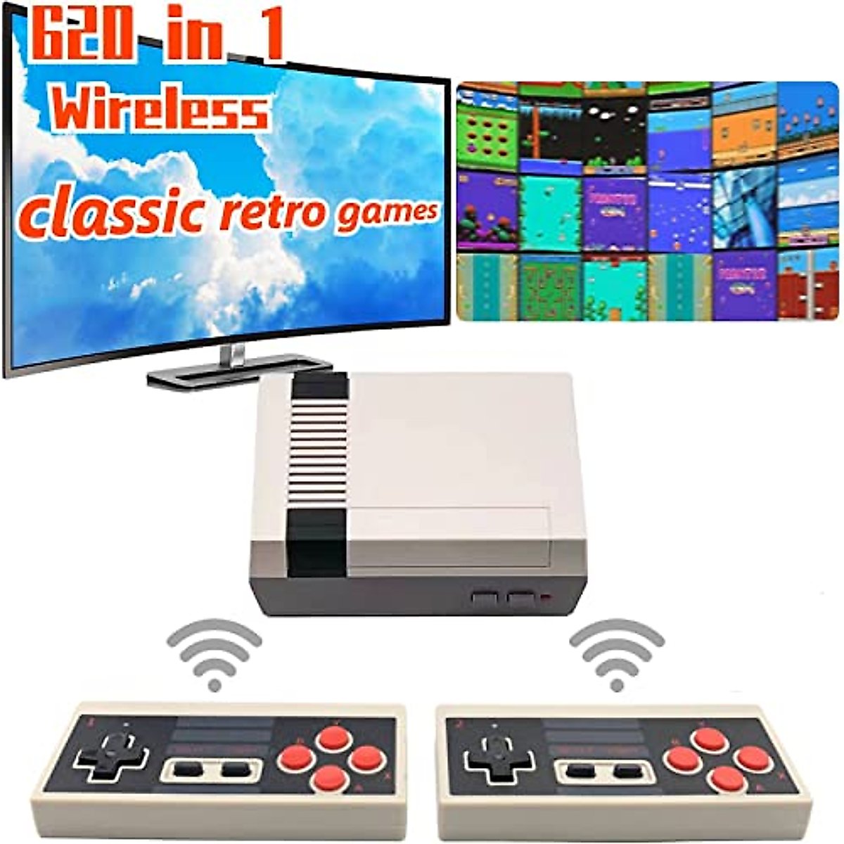 Classic Mini Retro Game Console with Built-in 620 Video Games and 2 Classic Wireless Controllers,AV Output Game System for Kids and Adults Ideal Gift.