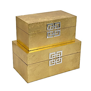 Galt International Storage Box Set Decorative Storage Box w/Hinged Lid Classic Design Wood Decor Boxes with Geometric Clasp Storage for Bedroom & Home - Set of 2 (Gold Leaf)