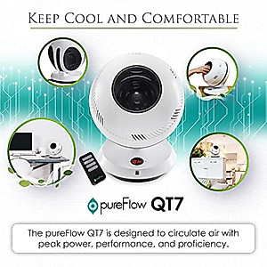GreenTech Environmental pureFlow QT7 Bladeless Fan - Desk Fan for Bedroom, Home Office - Unique 90 Degree Vertical and Horizontal Oscillating Fan with Remote, Energy Efficient and Whisper Quiet