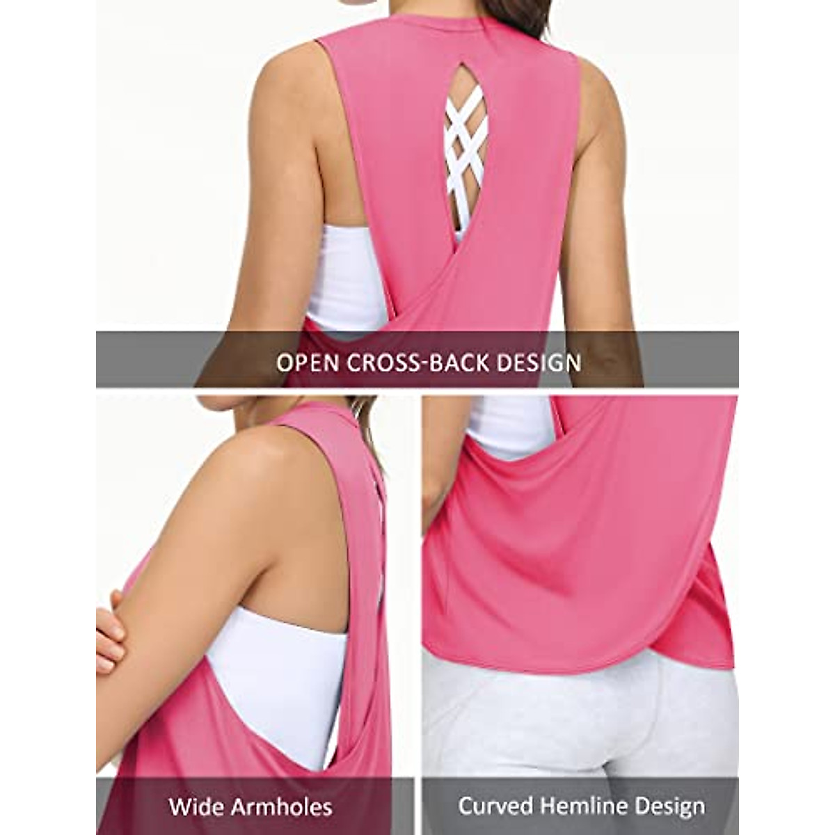 THE GYM PEOPLE Women's Open Cross Back Workout Tank Tops Loose Fit Sleeveless Yoga Running Shirts Bright Pink