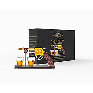 Gun Whiskey Decanter By The Diamond Glassware | Comes With A Set Of 2 Bullet Glasses & Mahogany Wooden Base | Decanter Set, Perfect For Whiskey, Bourbon, Scotch, Liquor| Great Gift For Him | 100ml