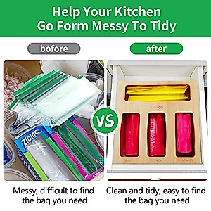 Ziplock Bag Storage Organizer, Premium Bamboo Kitchen Food Baggie Dispenser Box for Drawer, Compatible with Most Brands Gallon Bag, Quart Bag, Sandwich Bag, Snack Bag（1Box 4 Slots）