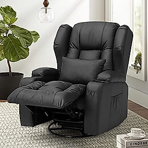 OBBOLLY Swivel Rocker Recliner Chair - Manual Glider Rocking Recliner Chair, Wingback Design 360° Swivel Chair with Lumbar Pillow, Cup Holders, Side Pockets for Living Room (Black, Single)