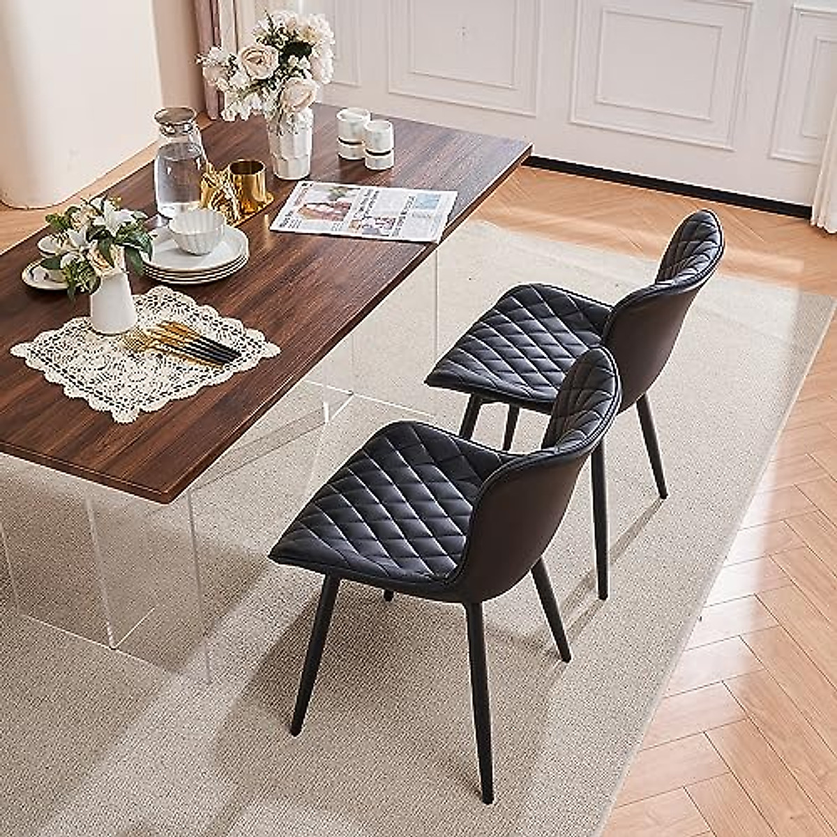 Kidol & Shellder Dining Chairs Kitchen Dining Room Chairs Set of 2 Modern Upholstered Living Room Chairs Faux Leather Vanity Chair Comfortable Contemporary Dining Chair (Black),3 Mins Quick Assembly