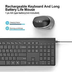 Wireless Keyboard and Mouse, J JOYACCESS 2.4G USB Ultra Slim Full Size Ergonomic Rechargeable Keyboard and Slient Cordless Mouse with Back/Forward Buttons for Mac/Windows/Laptop/Desktop - Black