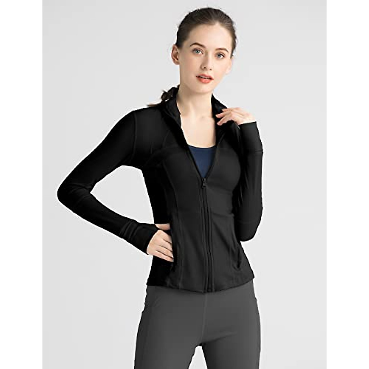 Locachy Women's Slim Fit Full Zip Athletic Running Sports Workout Jacket with Thumb Holes Black M