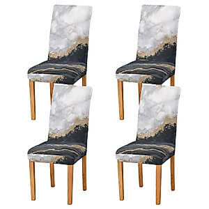 xigua Universal Dining Chair Cover 4-Piece Set, Black White Gold Marble Removable Washable Dining Chair Slipcovers Protective Cover for Home Party Decor