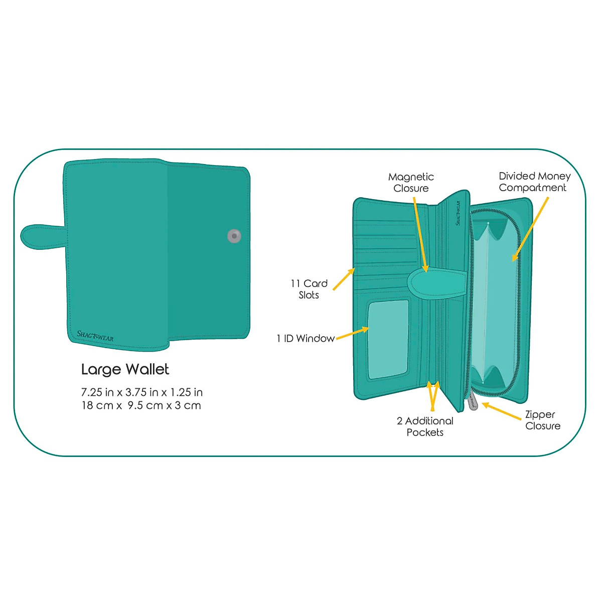 Shag Wear Bumble Bee Honeycomb Large Wallet for Women and Teen Girls Vegan Faux Leather Blue 7"