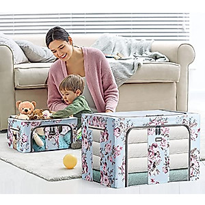 LitBear 2 Pack 100L Clothes Storage Bins Foldable Metal Frame Storage Box - Stackable Oxford Fabric Container Organizer Set with Carrying Handles and Clear Window(Blue floral)