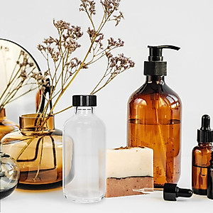 15 Pack Glass Amber Boston Bottles with Black Poly Cone Cap, 4 oz Round Glass Bottle for Essential Oil, Perfume and Liquid, Contains 24 Colored Labels, 2 Funnels, 1 Brush