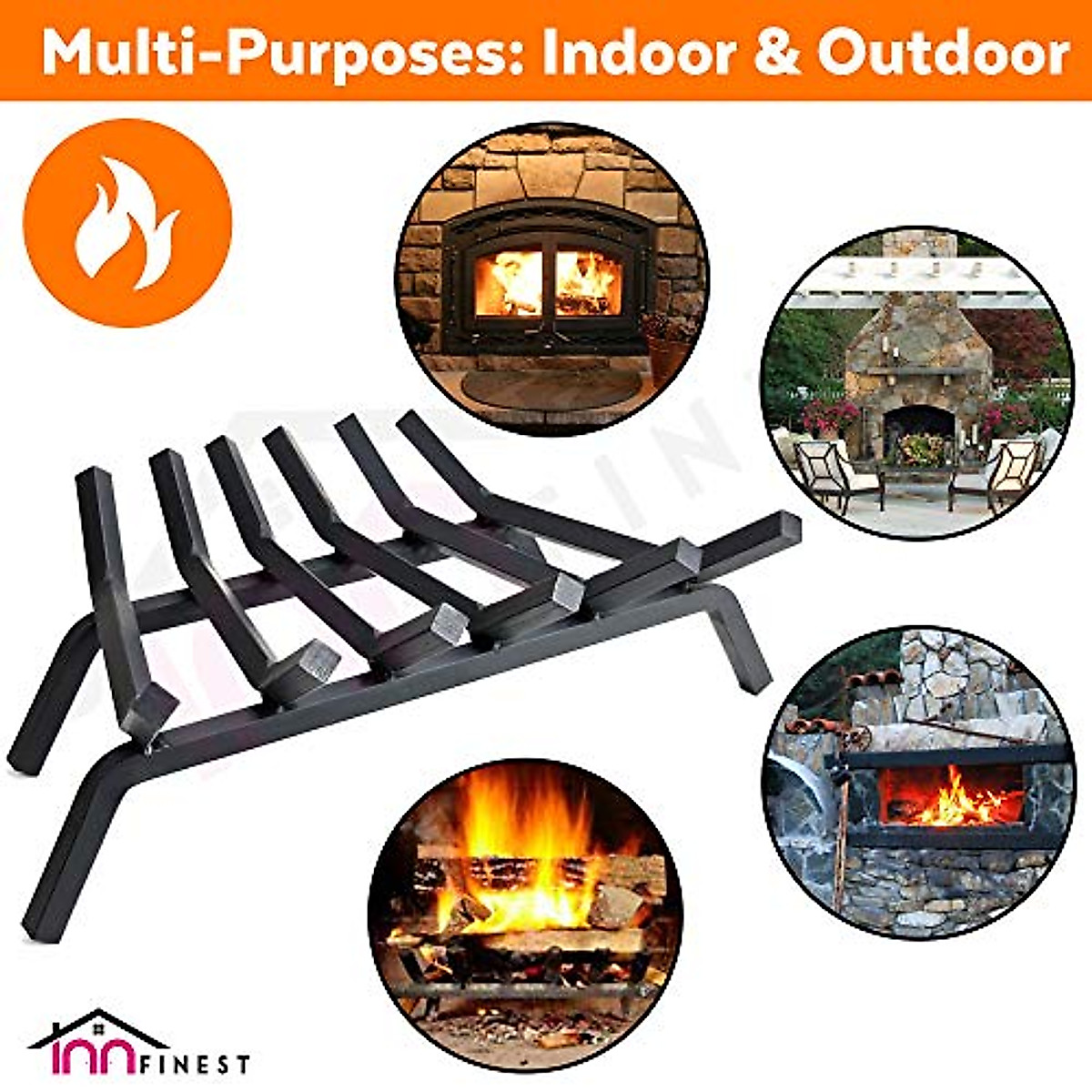 INNFINEST Fireplace Log Grate 27 inch 6 Bar Fire Grates Heavy Duty 3/4” Wide Solid Steel Indoor Chimney Hearth Outdoor Fire Place Kindling Tool Pit Wrought Iron Wood Stove Firewood Burning Rack Holder