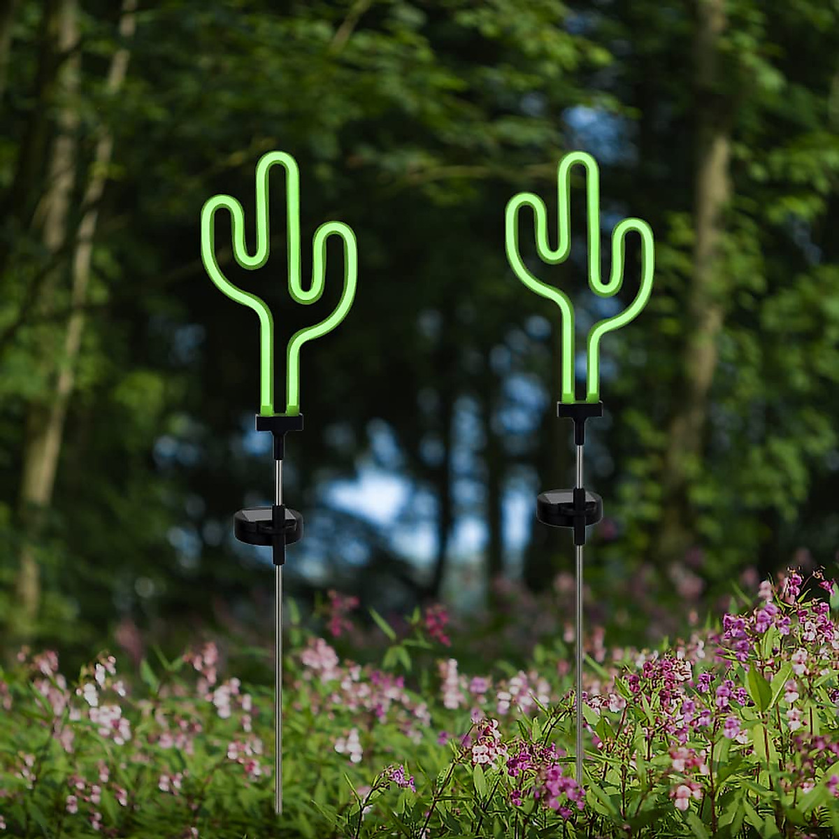 SVEIKS Solar Cactus Garden Stake Lights, Green Cacti Lighting Solar Pathway Lights Outdoor Waterproof LED Neon Strip for Courtyard Patio Lawn Flowerbed Landscape, 30" Tall (2 Pack)