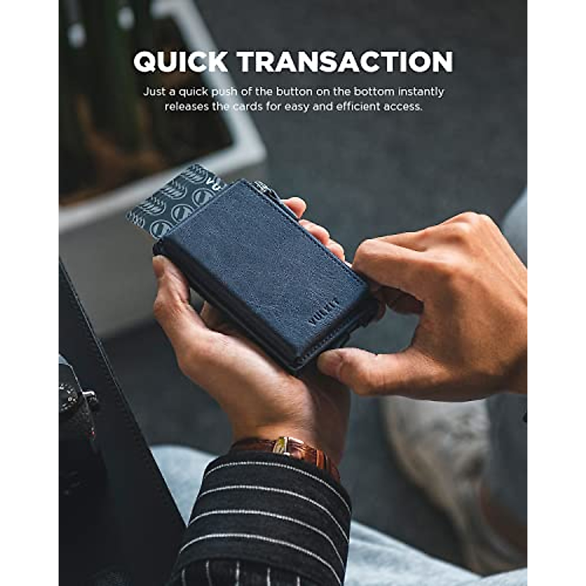 VULKIT Credit Card Holder with Leather Zipper Pocket Pop up wallet RFID Blocking Slim Metal Card Case for Men or Women(Navy)