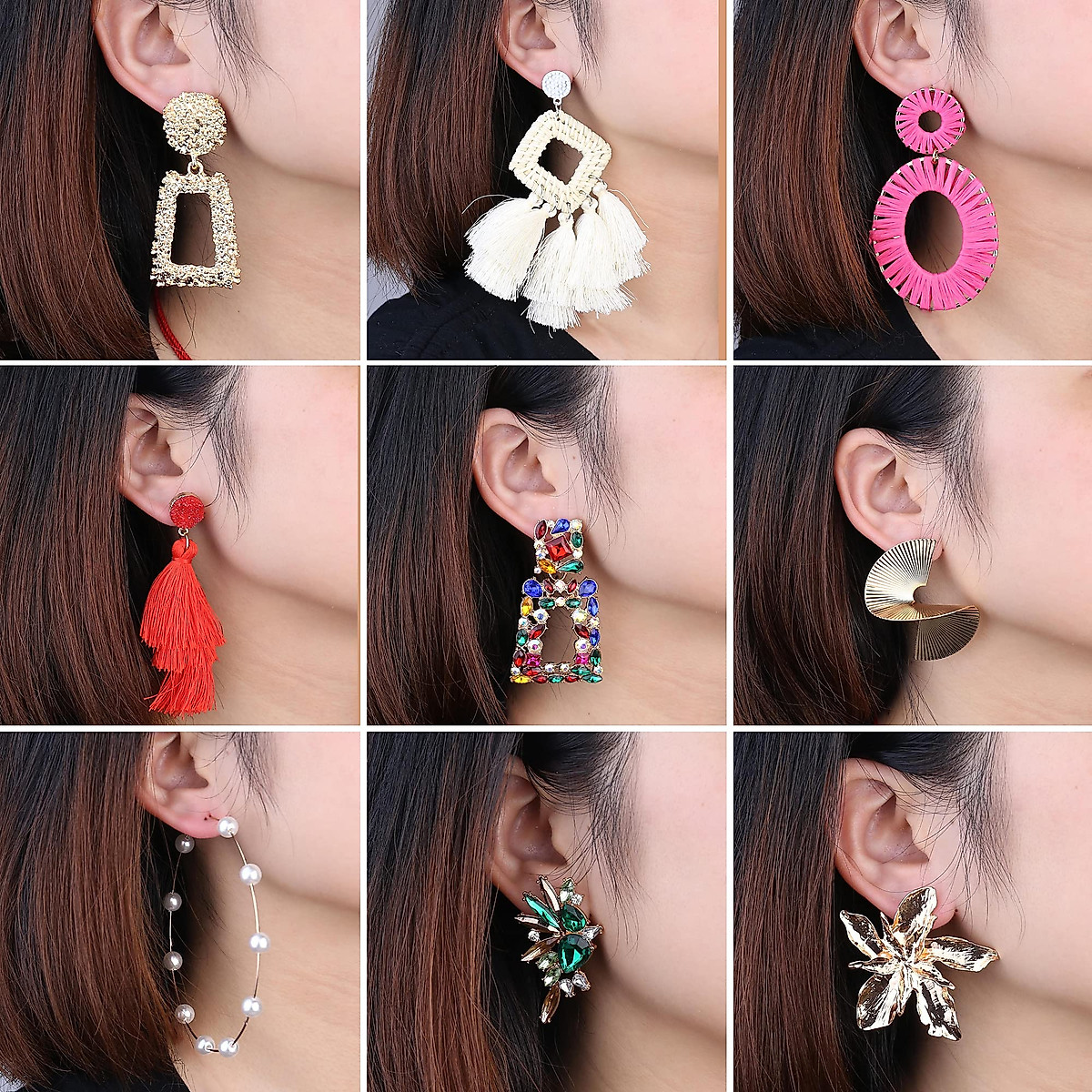 Sanfenly Drop Dangle Earrings for Women Statement Earrings, Bohemian Rattan Tassel Large Hoop Pearls Rhinestone Crystal Gold Geometric Dangling Earring Set