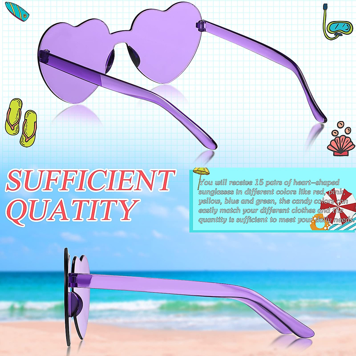 TOODOO 15 Pairs Heart Shaped Rimless Sunglasses Jelly Fudge Series Heart Sunglasses Bachelorette Party Sunglasses Colorful Plastic Funky Frameless Transparent Sunglasses Party Favors
