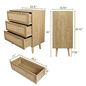 Anmytek Modern Rattan Wood Chest of 3 Drawer Dresser with Spacious Storage for Bedroom Living Room H0027, Rustic Oak