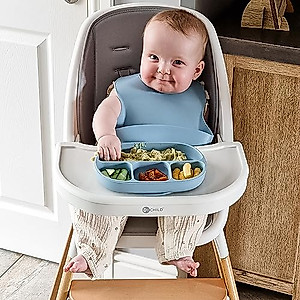 MumEZ Silicone Baby Feeding Set, Baby Led Weaning Supplies, 2 Pcs Adjustable Silicone Bibs, Baby Plates and Bowls with Suction, Baby Spoons Forks, Sippy Cup, Eating Utensils for 6+ Month(Ether)