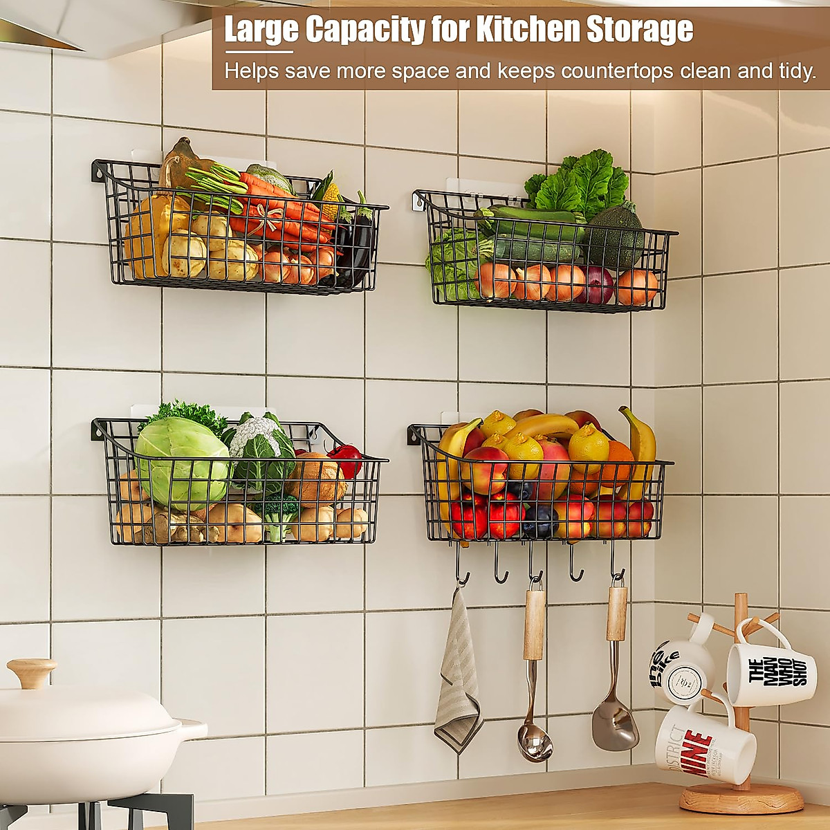 4 Pack Hanging Wall Basket for Organizing, Large Wire Baskets for Storage Pantry with 5 S Hooks+4 Strong Adhesive Wall Hooks, Wall Mounted Metal Wire Storage Baskets Shelf for Cabinet Kitchen Bathroom