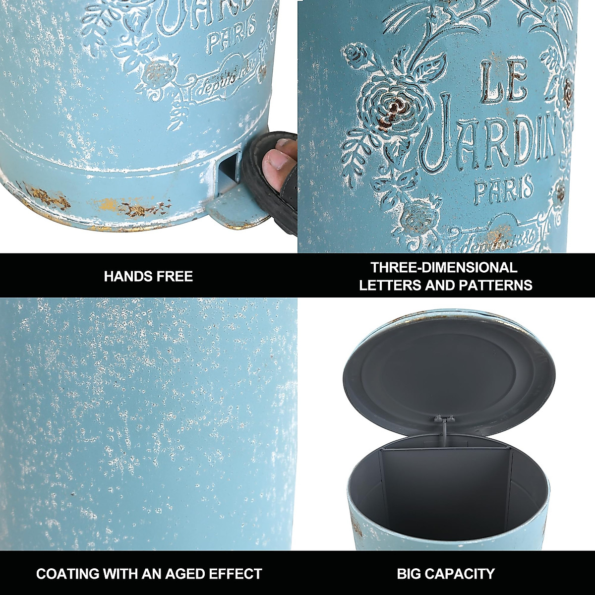 Z&Z ornamentorum Blue Trash Can 4.5 Gallon Retro Kitchen Trash Can with Lid and Pedal Round Touchless Garbage Cans with Flower and Bird Patterns Outdoor Trash Can for Kitchen Park Garden