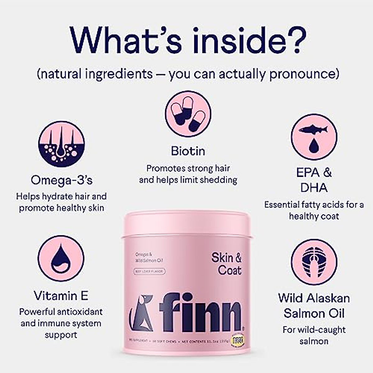 Finn Skin & Coat Salmon Oil Supplement for Dogs | Supports A Thick & Shiny Coat | Fish Oil from Wild Alaskan Salmon, Omega-3s, EPA & DHA, Biotin, & Zinc | 90 Soft Chews