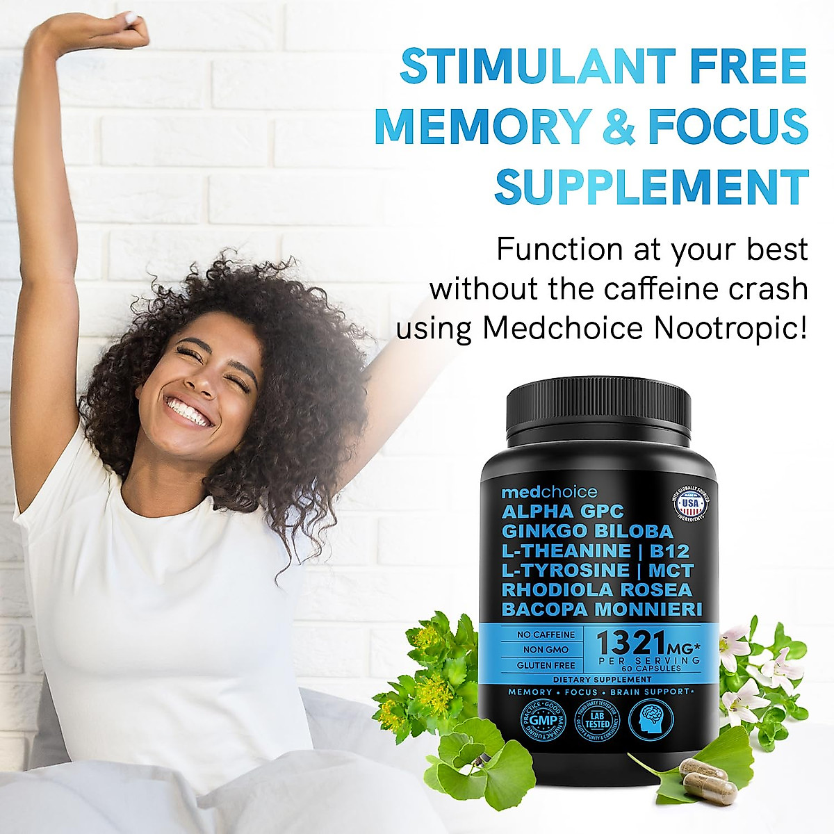 12-in-1 Nootropic Brain Supplement Anhydrous: Ginkgo Biloba for Brain Support, Memory and Focus - B12, Alpha GPC, L Theanine and Choline Supplements with Bioperine non Caffeinated 1321mg (120ct)