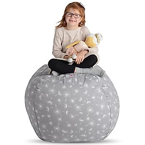 Creative QT Stuff ’n Sit Extra Large 38’’ Bean Bag Storage Cover for Stuffed Animals & Toys – Gray Dandelion Print – Toddler & Kids’ Rooms Organizer – Giant Beanbag Great Toy Hammock Alternative