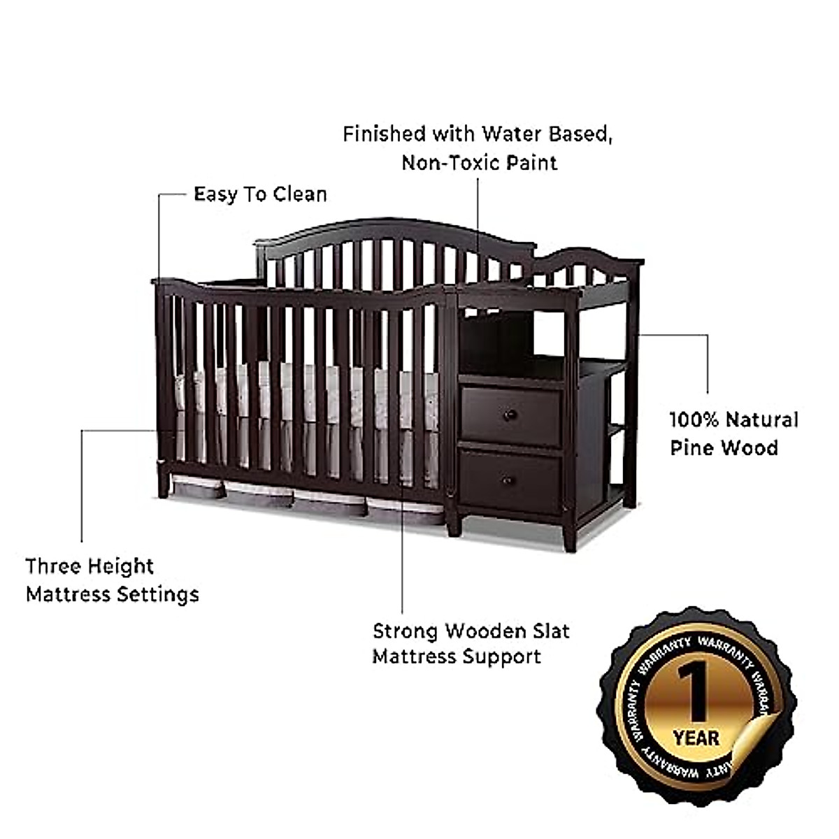SORELLE FURNITURE Berkley Crib and Changer with Slat Panel Back Classic -in- Convertible Diaper Changing Table Non-Toxic Finish Wooden Baby Bed Toddler Childs Daybed Full-Size Nursery - Espresso
