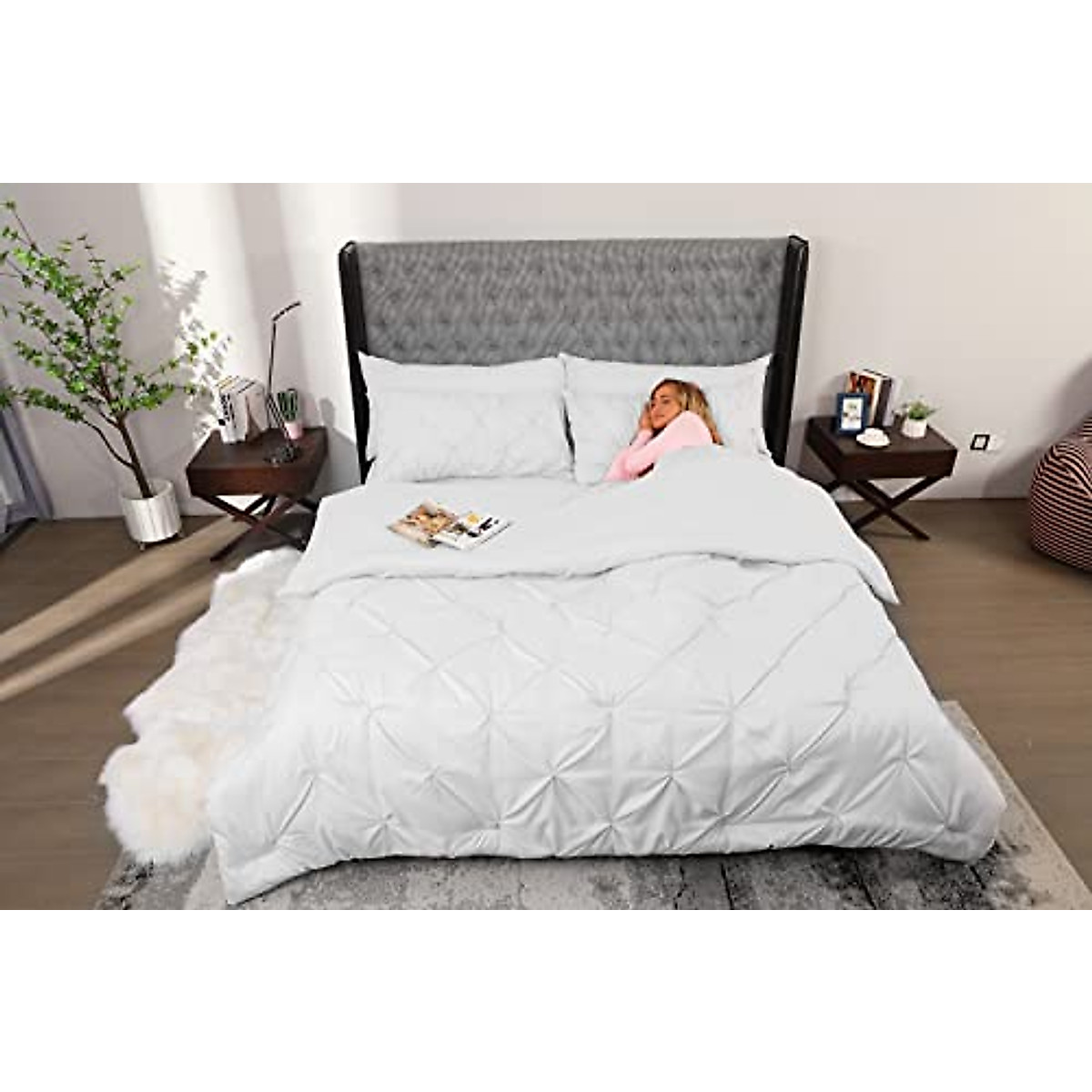 JUDVX Twin Size Comforter Sets, 8 Pieces Bedding Sets, Grey Pinch Pleat Pintuck Twin Bed in A Bag with Down Comforters, Sheets, Pillowcases & Shams