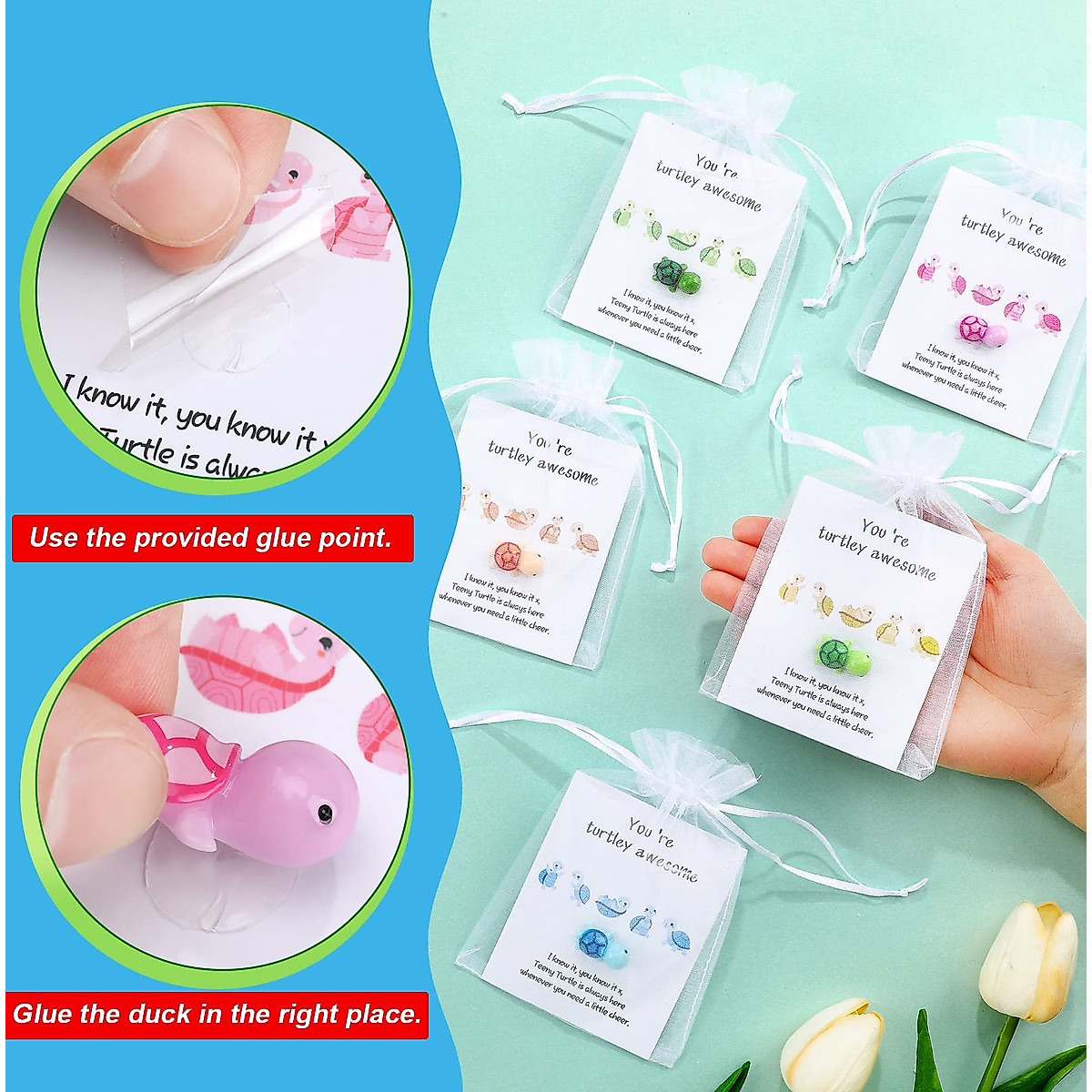 100 Sets Inspirational Gift Include 100 You're Turtley Awesome Animal Pun Thank You Note Cards Greeting Card 100 Mini Sea Turtle Figure 100 Organza Bags for Coworkers Appreciation Pocket Favors