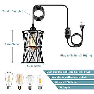 HMVPL Farmhouse Plug in Pendant Light, Outdoor Swag Lamp with Plug in Cord On/Off Dimmer, Plug in Hanging Light Fixture for Dining Room Bedroom Kitchen Island(1 Pack)